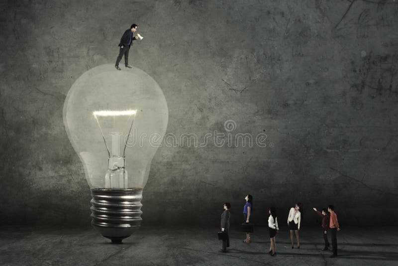 Man on Lamp Calling His Workers Stock Image - Image of bulb, attention ...