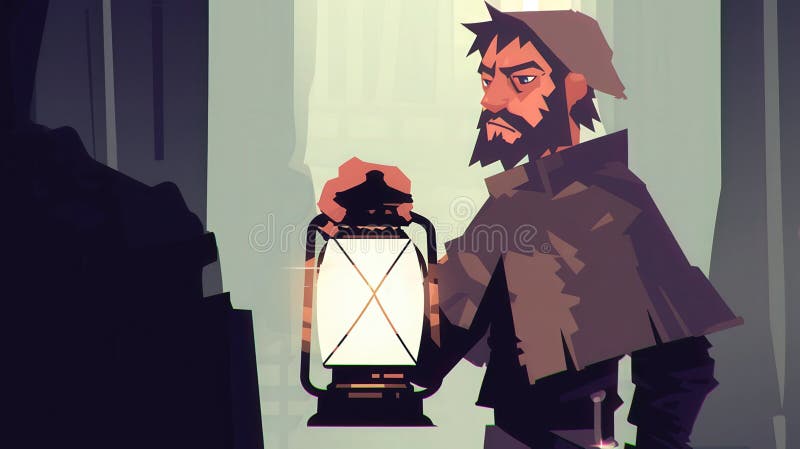Man with Lantern in Forest Path Stock Illustration - Illustration of ...