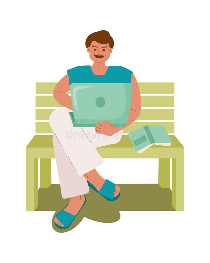 Man with a Laptop on a Bench Stock Vector - Illustration of computer ...