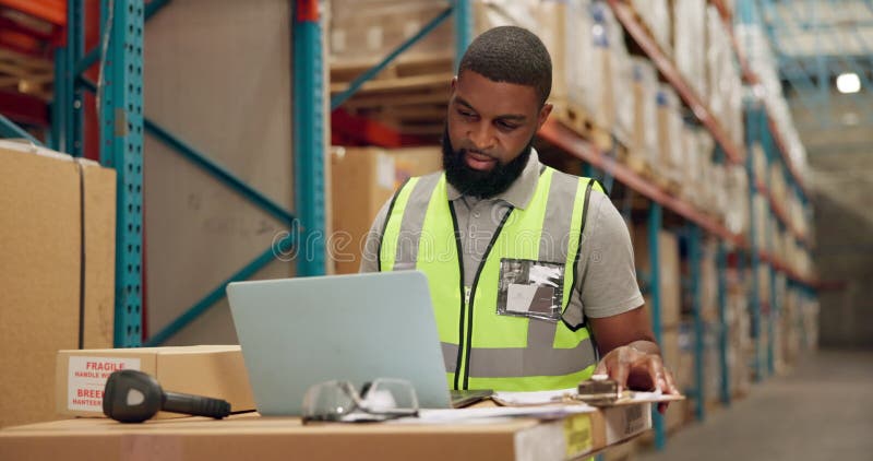 Man, Laptop and Checklist for Inventory in Warehouse, Technology and ...