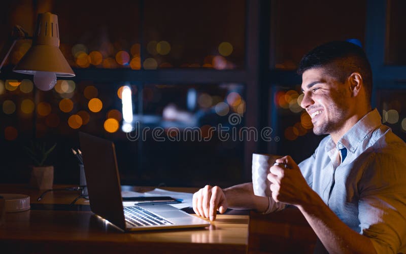 Office Manager Man Having Phone Conversation Working Overnight at ...