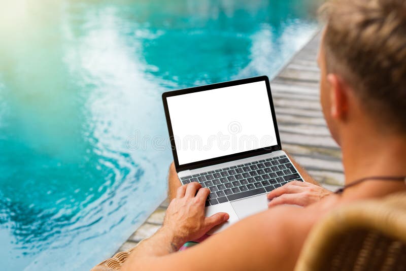 Man with Laptop Computer by the Pool Stock Image - Image of notebook ...