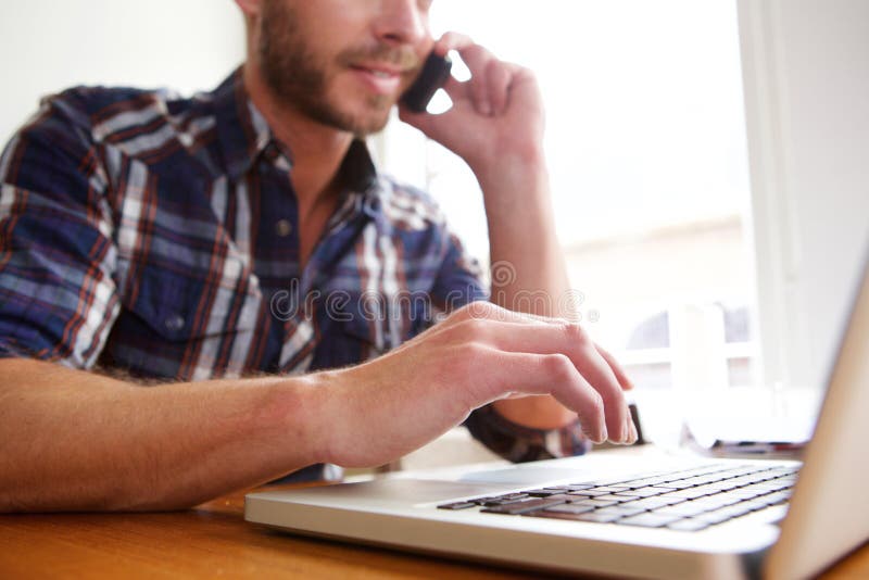 Office Worker Guy Using Computer and Phone Stock Image - Image of ...