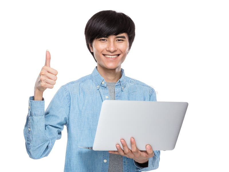 Man with Laptop Computer and Thumb Up Stock Image - Image of teenage ...