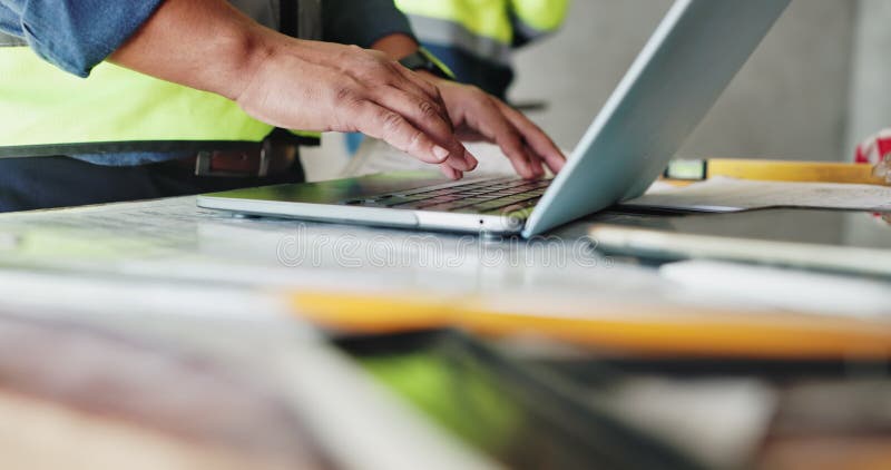 Man, Laptop and Contractor Hands for Plan on Construction Site, Design ...