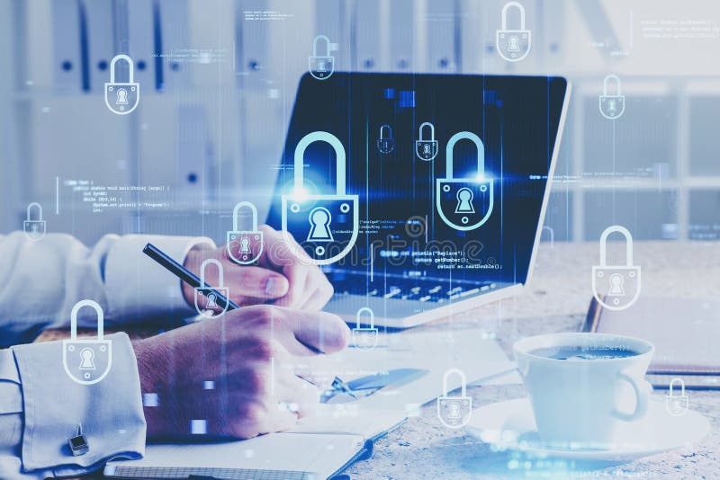 Man with Laptop and Cyber Security Interface Stock Image - Image of ...