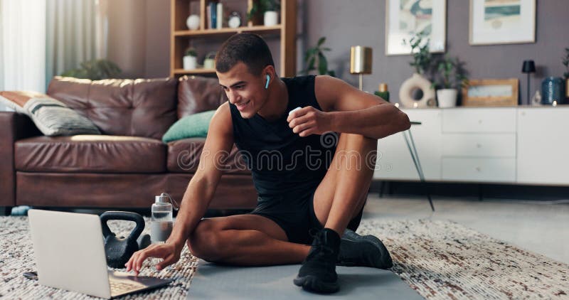 Man, Laptop and Earphones for Exercise on Floor, Online Course or Smile ...