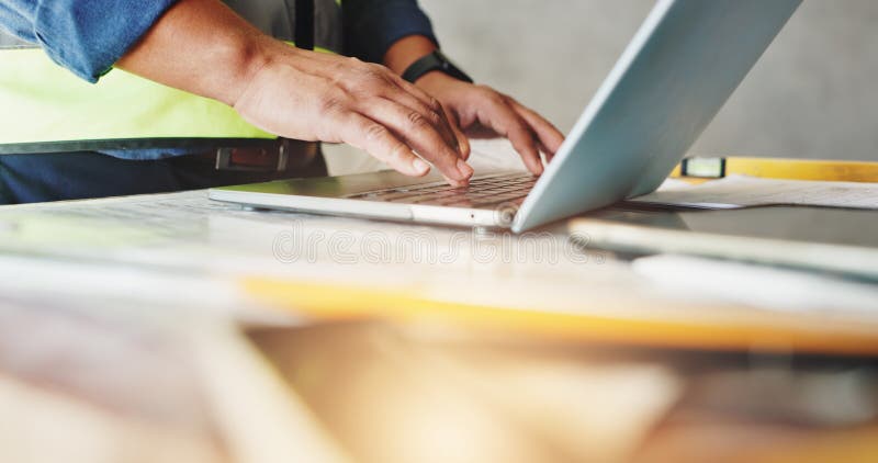 Man, Laptop and Hands with Typing for Construction, Floor Plan ...