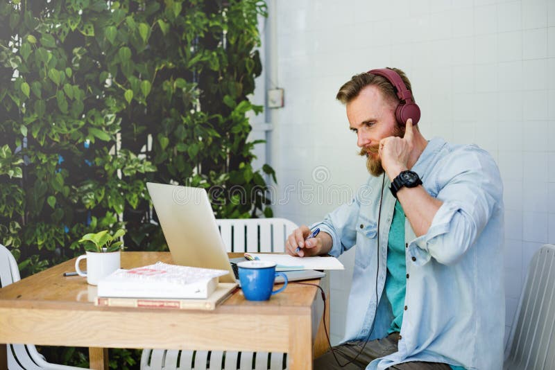 Man Laptop Headphones Music Writing Notebook Technology Concept Stock ...