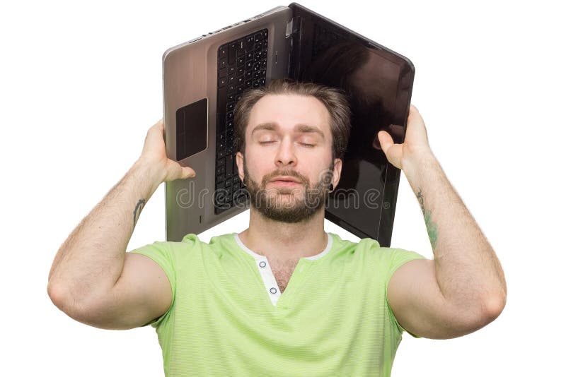 Man with Laptop on His Head Stock Photo - Image of professional, bored ...