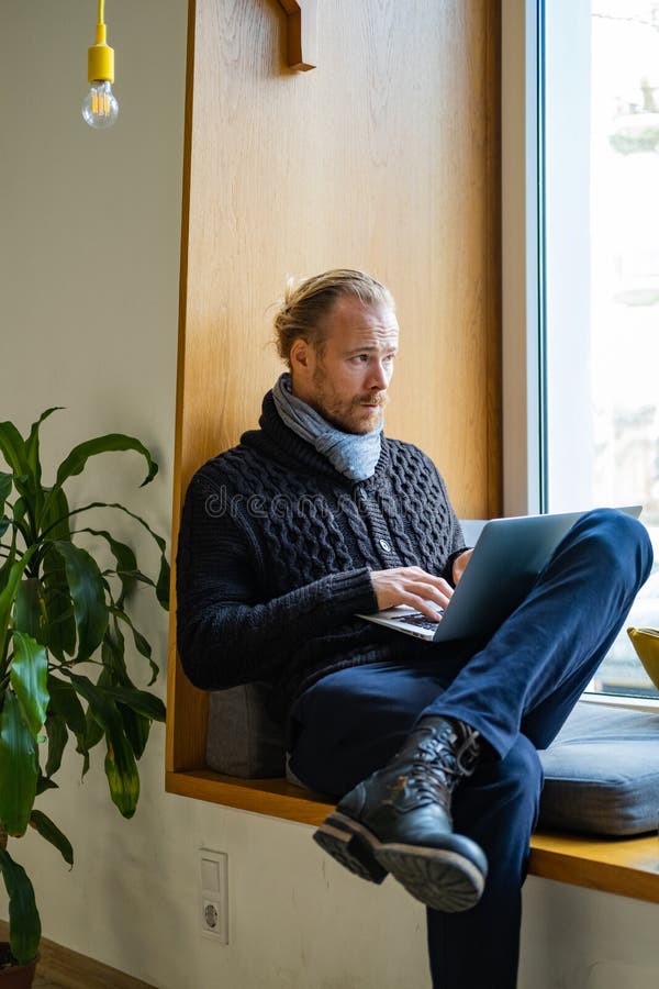 Man with Laptop Indoors Use Internet Stock Image - Image of university ...