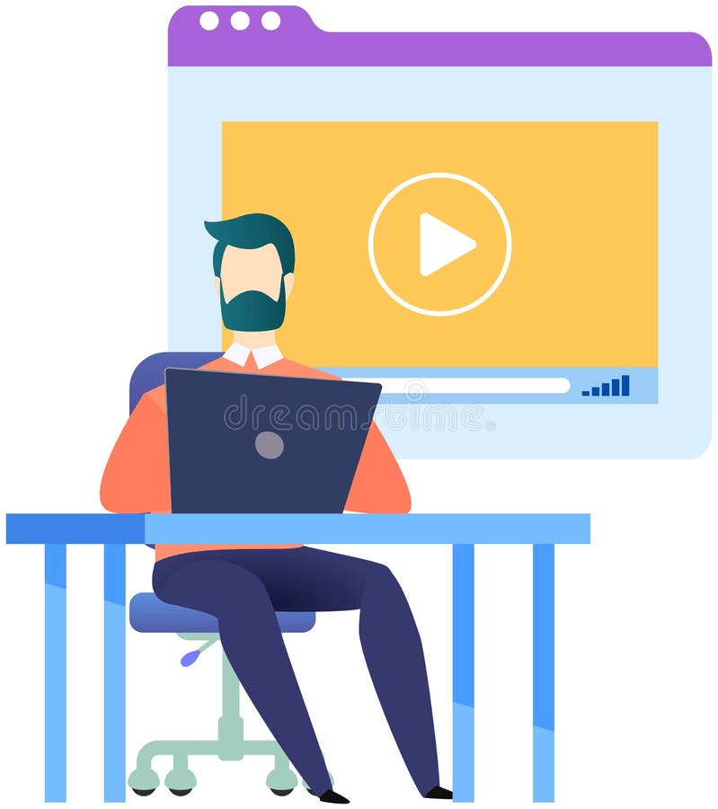 Man with Laptop Looking at Video Tutorial on Screen. Male Character ...