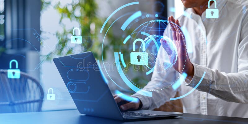 Man with Laptop in Office, Cybersecurity Interface Stock Photo - Image ...