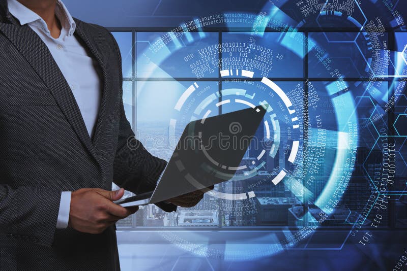 Man with Laptop in Office, HUD Interface Stock Image - Image of concept ...