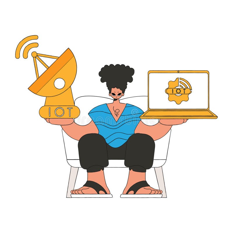 Man with Laptop and Sat. Dish for Internet of Things Connected. Stock ...