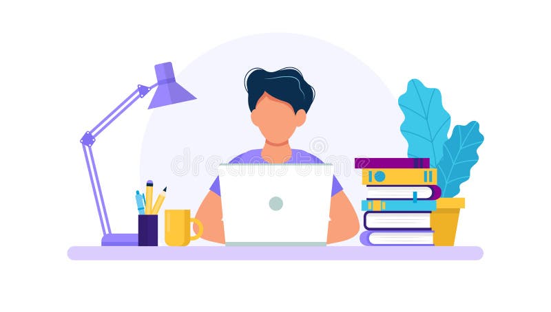 Man with Laptop, Studying or Working Concept. Table with Books, Lamp ...