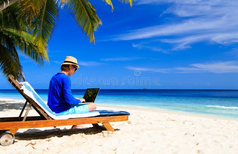 Man with Laptop on Tropical Beach Stock Image - Image of network ...