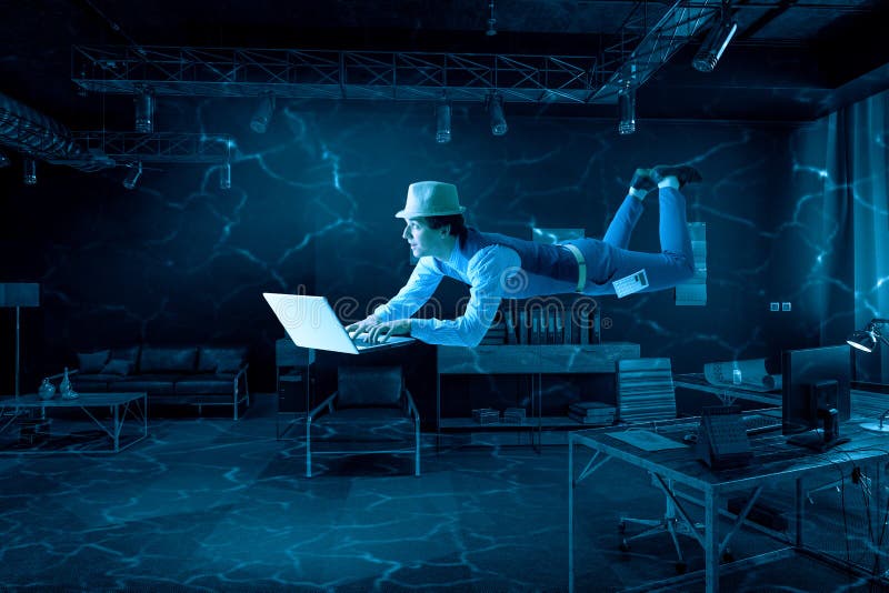 Man with Laptop Underwater . Mixed Media Stock Image - Image of happy ...