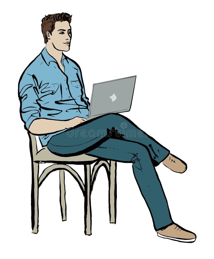 Man with laptop stock vector. Illustration of drawn, chair - 93414055