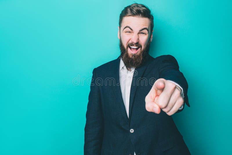 Man is Laughing and Pointing on Camera. His Laugh is Negative. Isolated ...