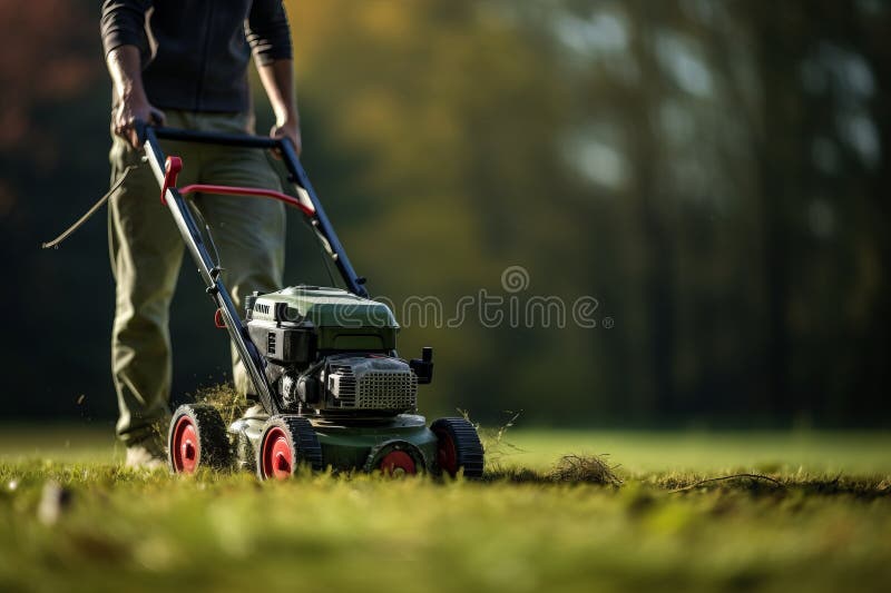 Man with Lawn Mower Mowing the Lawn Stock Photo - Image of gardening ...