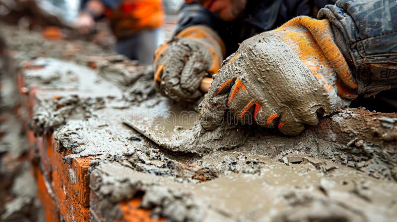 Man is Laying Bricks and Using a Trowel To Spread Mortar. Stock Image ...