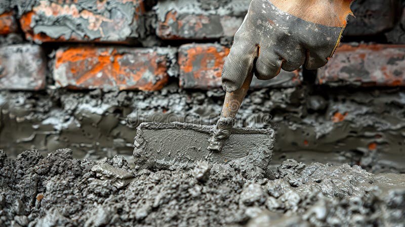 Man is Laying Bricks and Using a Trowel To Spread Mortar. Stock Image ...