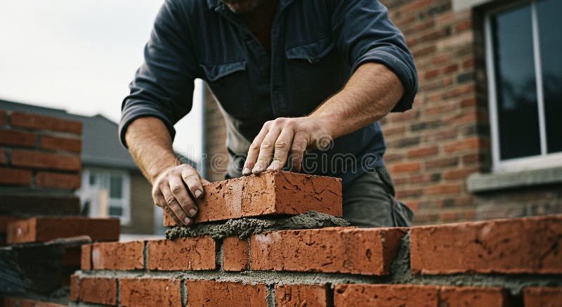 A Man is Laying Red Bricks with Mortar, Constructing a Brick Wall. he ...