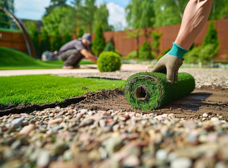 Man Laying Sod for New Garden Lawn Stock Illustration - Illustration of ...