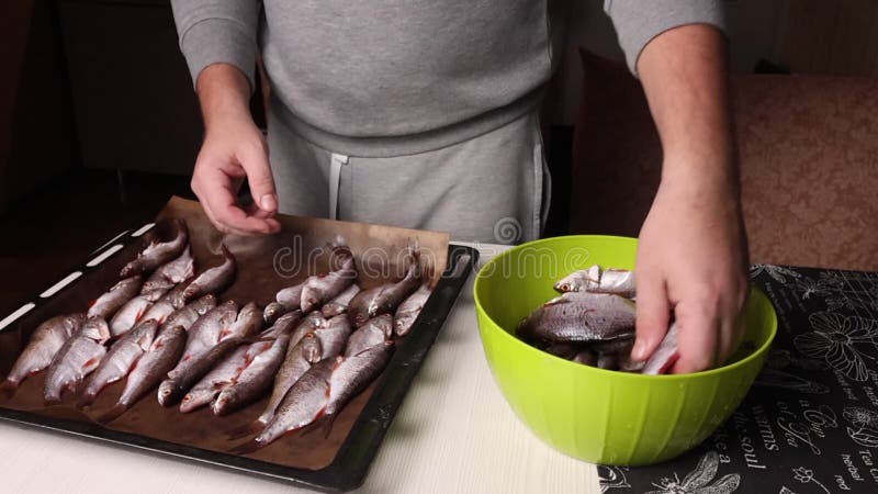 A Man Lays River Fish from a Basin on a Baking Sheet. for Drying in the ...
