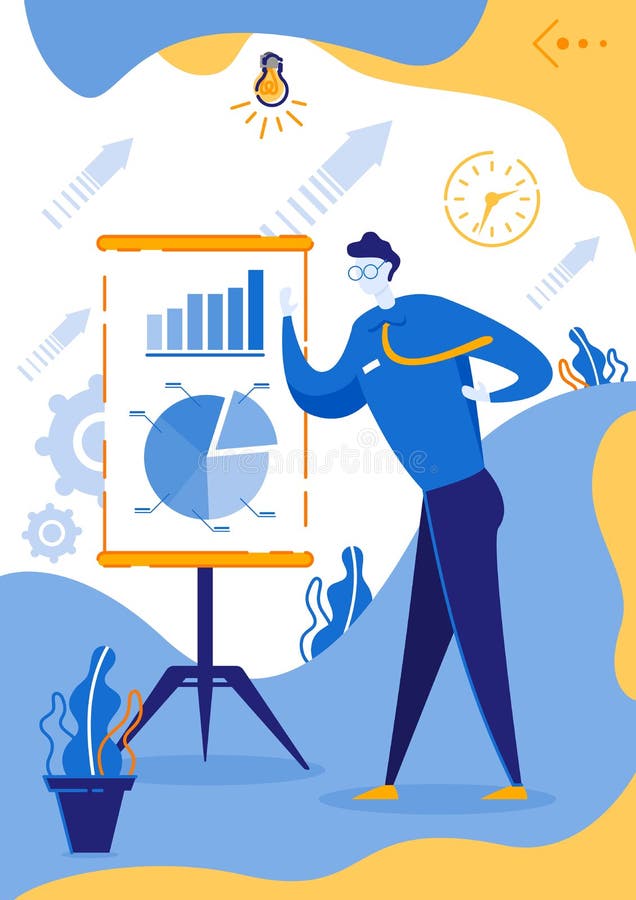 Man Leading Presentation Pointing on Bars, Graphs. Stock Vector ...