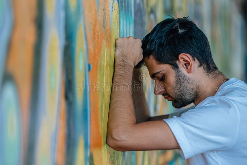 Man Leaning on the Wall Depressed Stock Image - Image of lonely ...