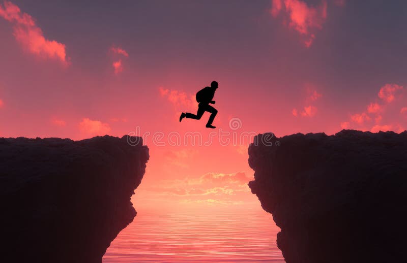 A Man Leaps between Cliffs Set Against a Dramatic Sunrise Sky, Symbolizing a Strong Leadership ...