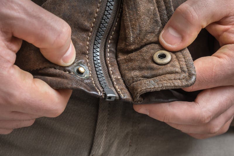 Man in Leather Jacket Fasteners Buttons Stock Photo - Image of cold ...
