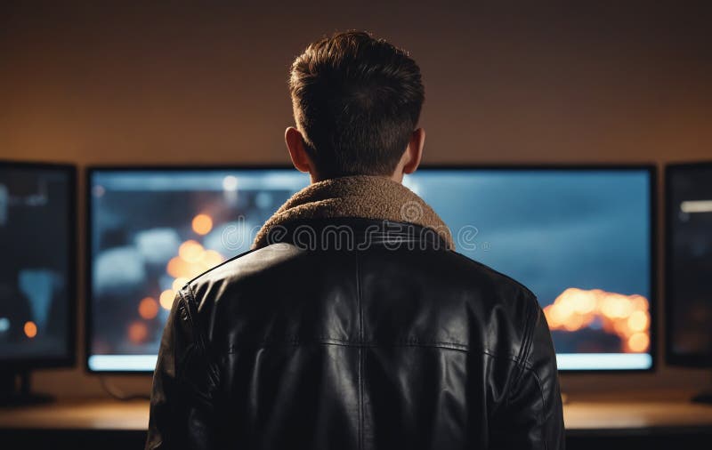 A Man in a Leather Jacket Gestures Towards a Computer Screen in a Room ...