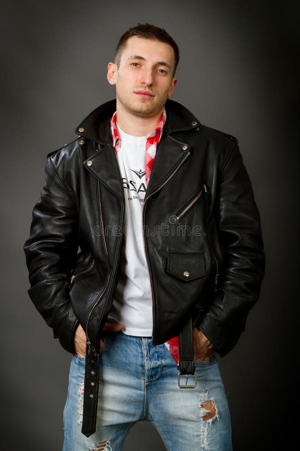 Man in a leather jacket stock photo. Image of happy, body - 42415892