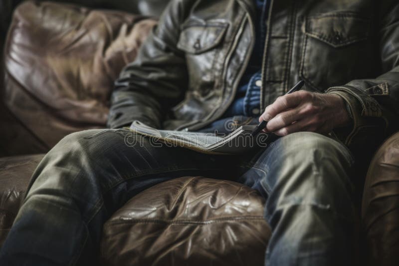 Man in Leather Jacket Writing in Notebook on Sofa Stock Illustration ...