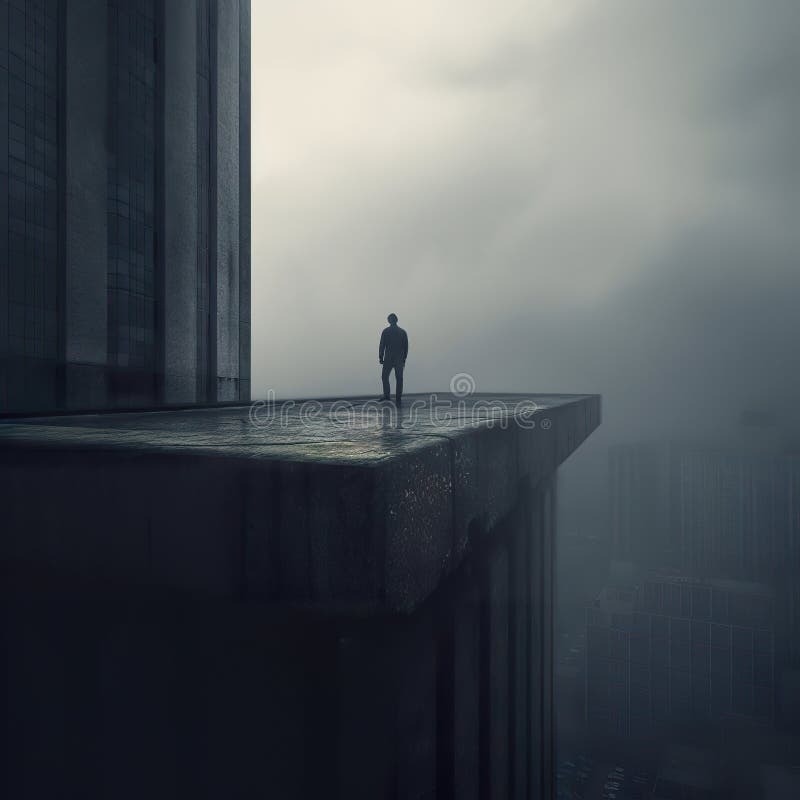 A Man on the Ledge of a Building Thinking about Jumping. Sad Man. Stock ...
