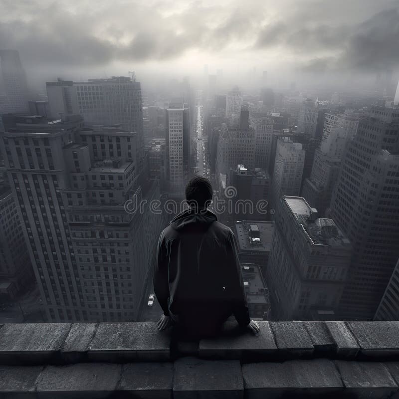 A Man on the Ledge of a Building Thinking about Jumping. Sad Man. Stock ...