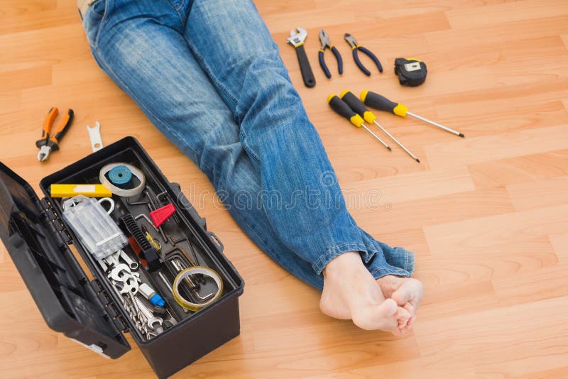 Man Legs with Toolbox on Floor at Home Stock Photo - Image of person ...