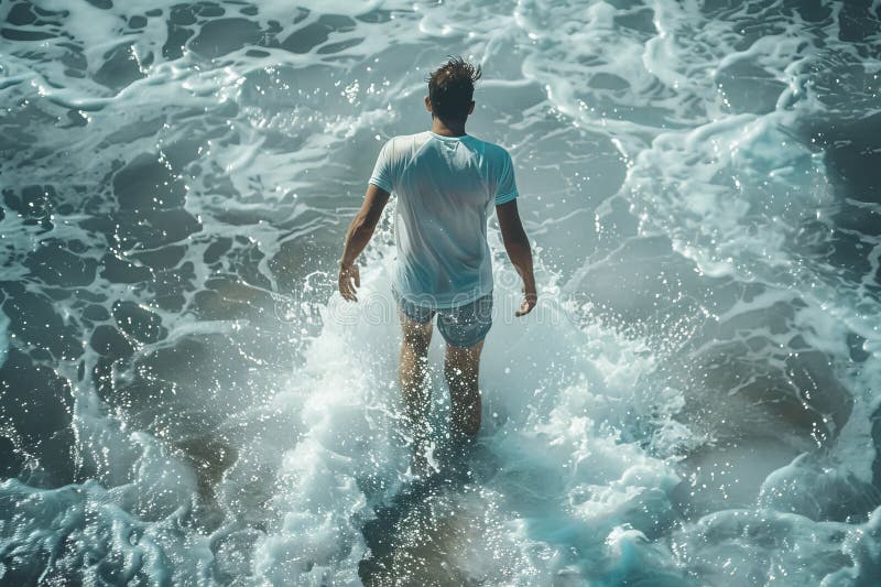 Man Leisurely Walking through the Water with Waves Elegantly Parted in ...