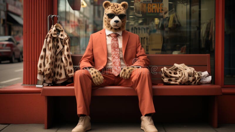 A Man in a Leopard Suit Sitting on a Bench. AI. Stock Photo - Image of ...