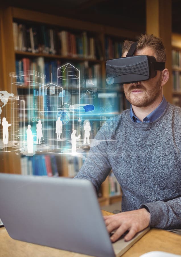 Man Wearing VR Fitness Health Virtual Reality Headset with Interface ...