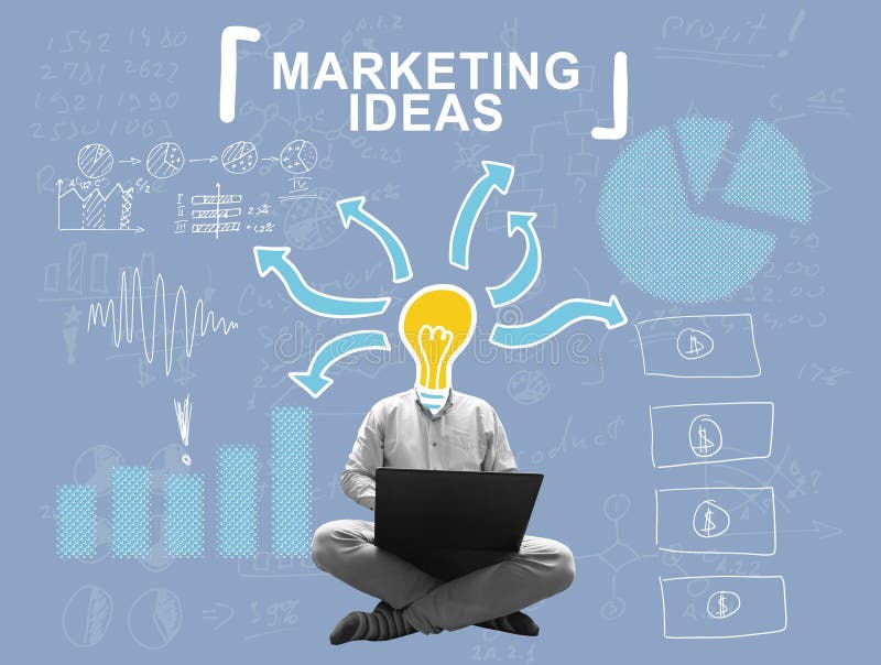 A Man with a Light Bulb instead of a Head Works on a Laptop. Marketing ...