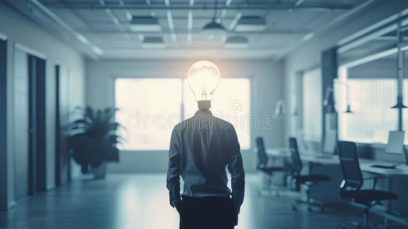 A Man with a Light Bulb on His Head is Walking in a Room Stock Image ...