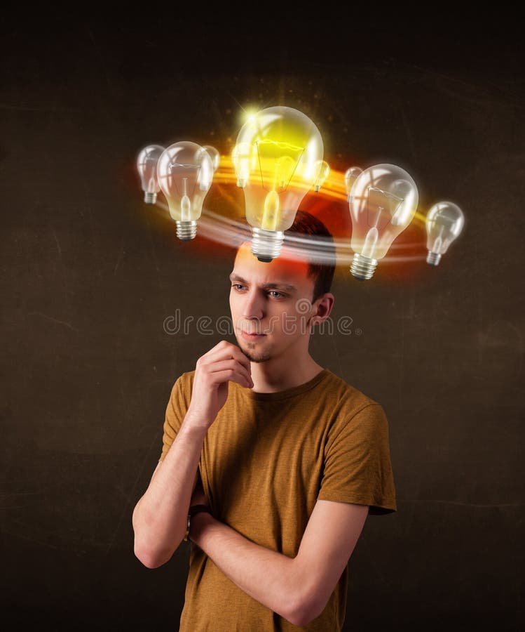 Man with Light Bulbs Circleing Around His Head Stock Illustration ...