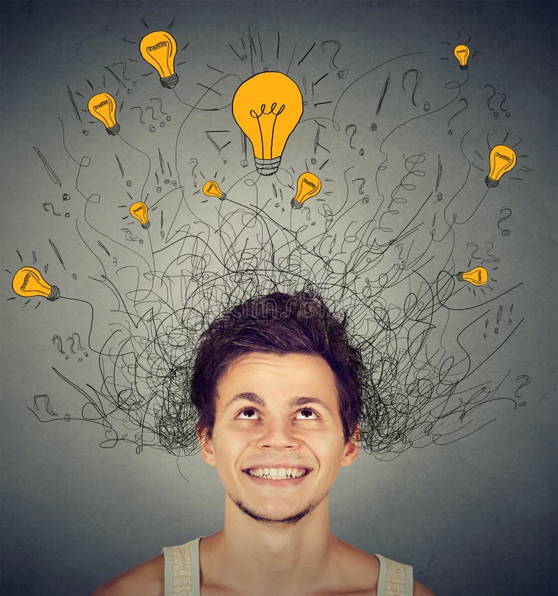 Man with Light Bulbs Over His Head Stock Image - Image of brain, bulb ...