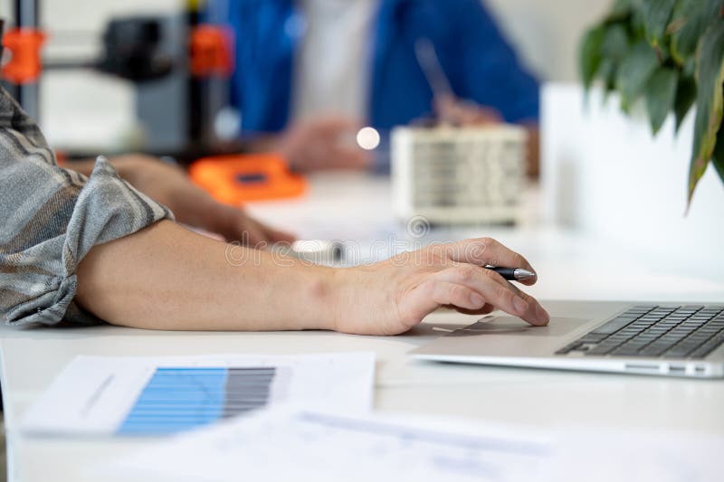 Man in Light Office Working on Laptop. Stock Photo - Image of control ...