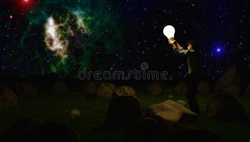 Man Lighting His Way with Light Bulb Stock Illustration - Illustration ...