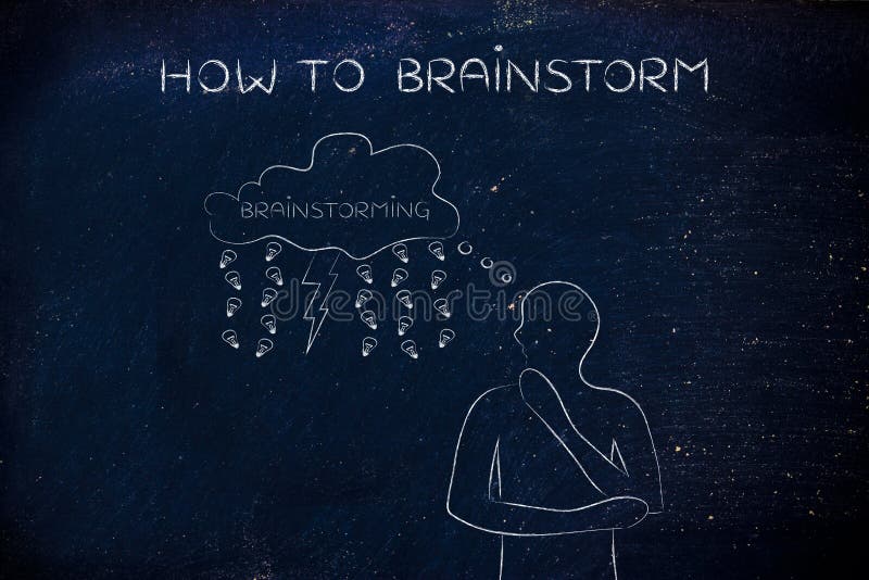 Man with Lightning Bolt & Rain of Ideas on Thought Bubble, Brain Stock ...